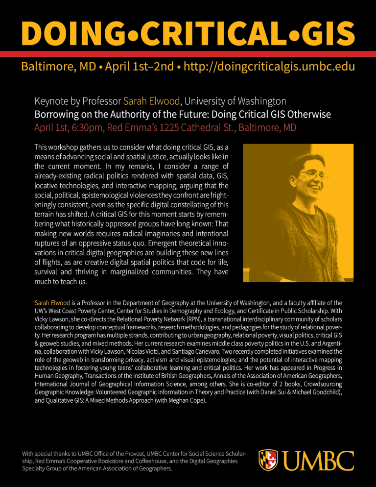 Sarah Elwood Keynote – Doing Critical GIS Workshop – April 1-2, 2019 – UMBC